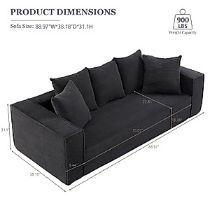 KIVENJAJA 88.97”W Corduroy Sofa Couch with 5 Pillows, Modern 3 Seater Comfy Cloud Couches for Living Room Apartment Office Small Space, No Assembly Required, Black