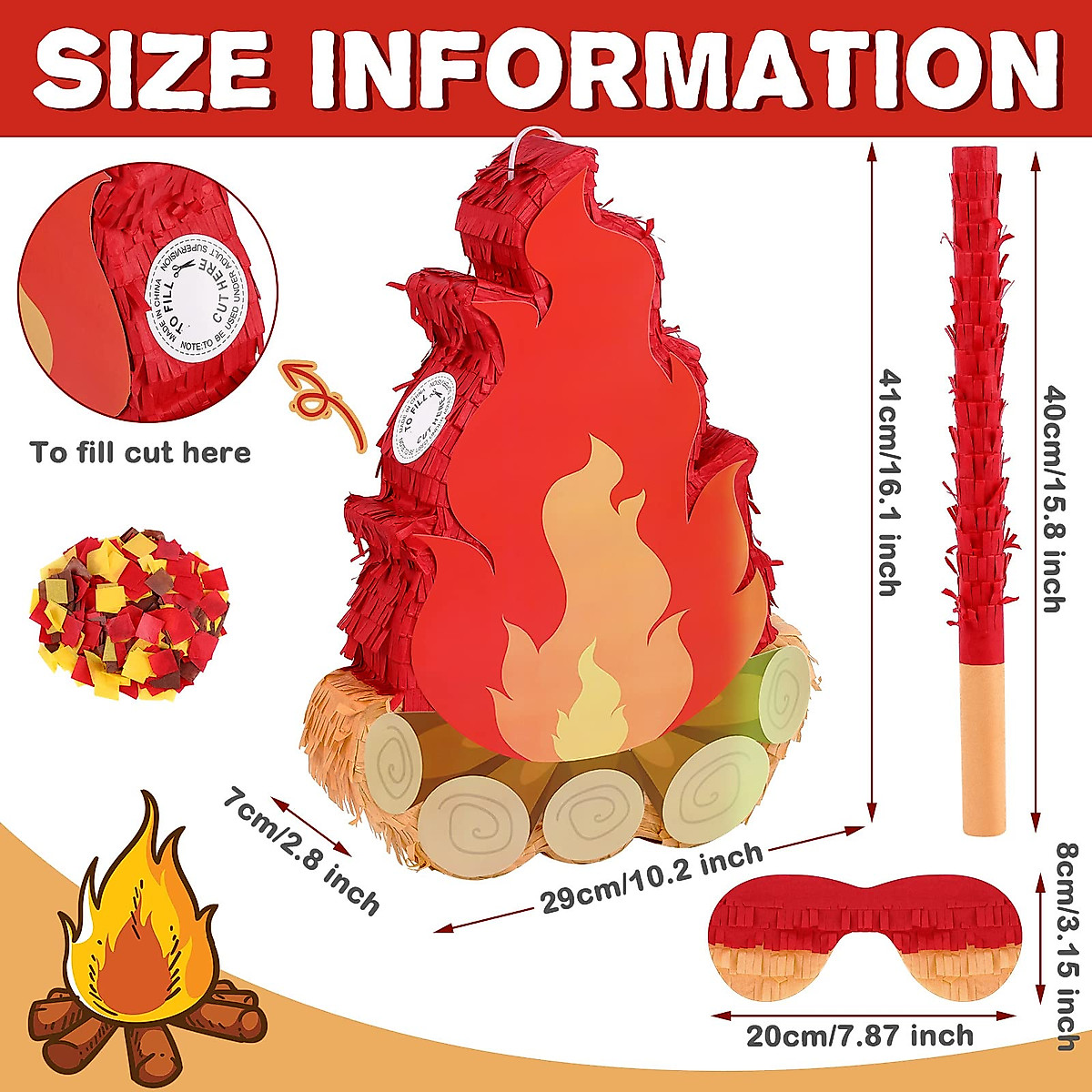 Small Camping Campfire Piñata Fake Flame Party Birthday Party Decoration Camping Adventure Baby Shower Photo Props with Wooden Stick Paper Confetti Set for Kids Boys and Girls,16.1 x 10.2 x 2.8 Inch