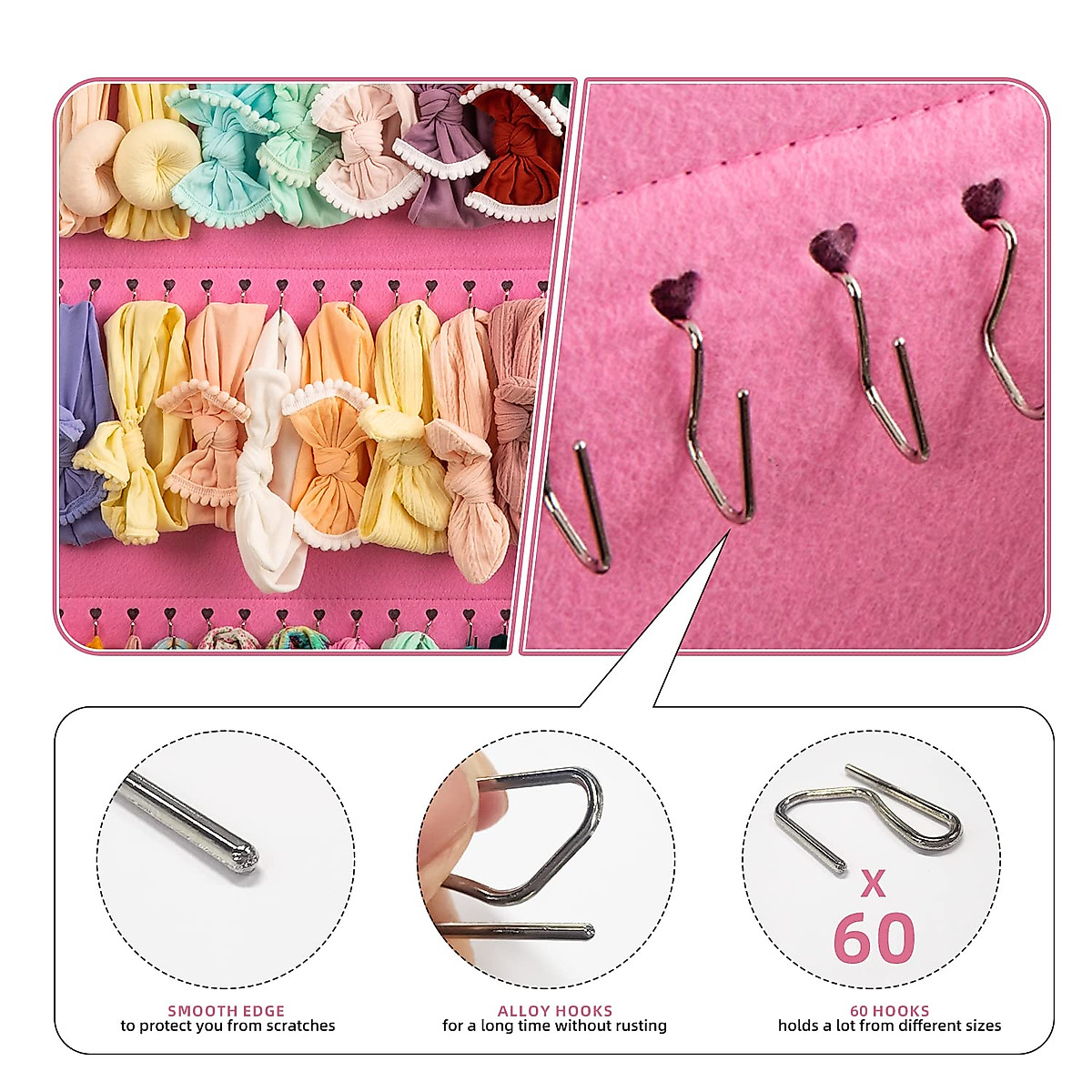 AGX Bravo Hanging Headbands Holder with 60 Hooks, Newborn Hair Bows Storage Organizer for Baby Girls Hair Accessories Storage Display for Hairband Hair Bow Elastics (Pink)