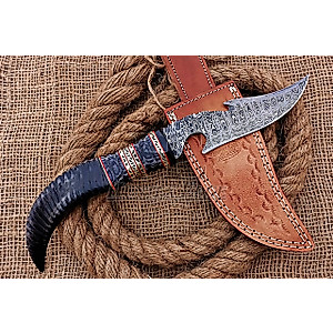 HUNTEX Unique Custom Handmade Hand Forged Ladder Pattern Damascus Steel 12.5 Inch Long Full Tang Buffalo Horn Handle Razor Sharp Hunting Camping Hunter's Gut Hook Knife with Genuine Leather Sheath