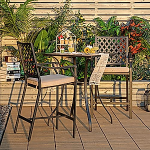 Giantex 3 Piece Patio Bar Table Set Outdoor Square Bistro Bar Table High Chairs with Cushion Metal Stool All Weather Patio Dining Set Garden Backyard Porch Lawn Poolside (3 Piece Patio Bar Set)