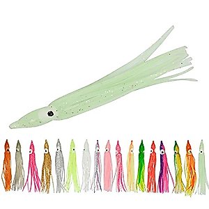 Pack of 50pcs Glow Soft Plastic Octopus Squid Skirt Fishing Lures Hoochies Trolling Saltwater Soft Fishing Lures Set for Bass Salmon Trout 3.94 inch 10 Colors Included