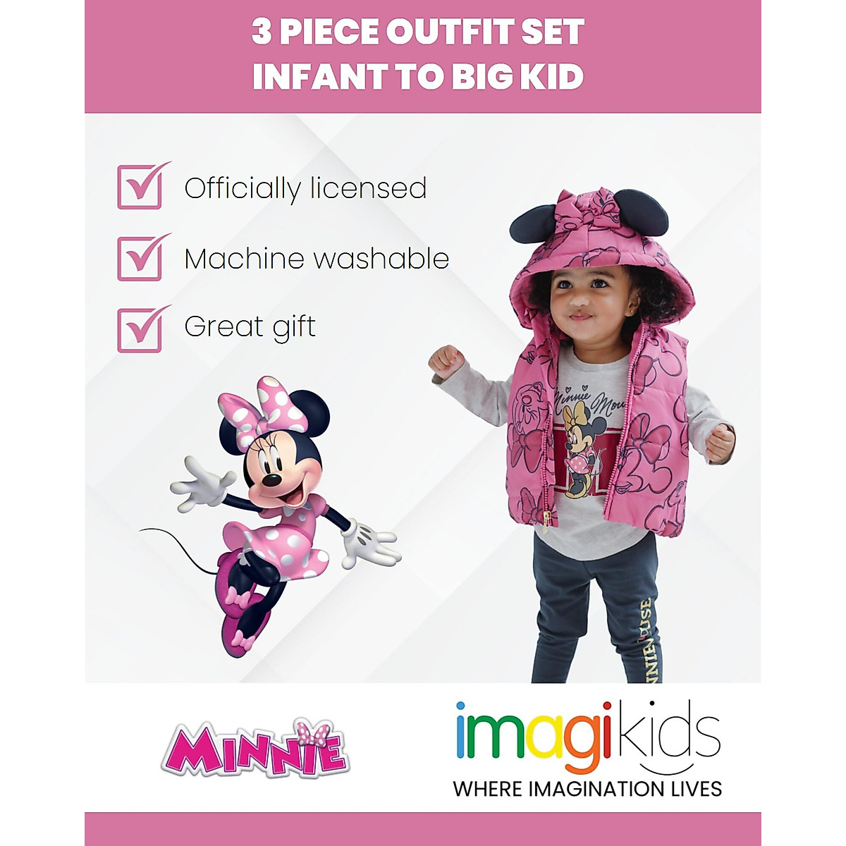 Disney Minnie Mouse Little Girls Zip Up Vest Puffer T-Shirt and Leggings 3 Piece Outfit Set Pink/Gray 6