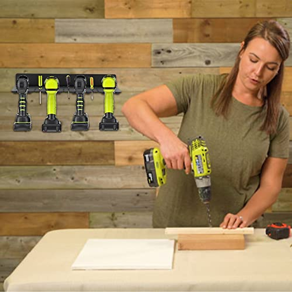 Foozet Electric Drill Storage Rack Wall Mount Heavy Duty Metal,Holds 4 Drills & Batteries Fit Garage, Home, Workshop, Shed Power Tool Storage - Max Load 100lb