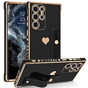 BENTOBEN Galaxy S22 Ultra Case,Slim Luxury Heart Design Plated Soft Bumper Women Men Girl Protective Case Cover with Strap for Samsung Galaxy S22 Ultra 6.8 inch,Black/Gold