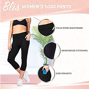 Blis Workout Leggings for Women Fold Over Maternity Leggings Yoga Pants for Women Capri Length 3 Packs Available Black/White Small