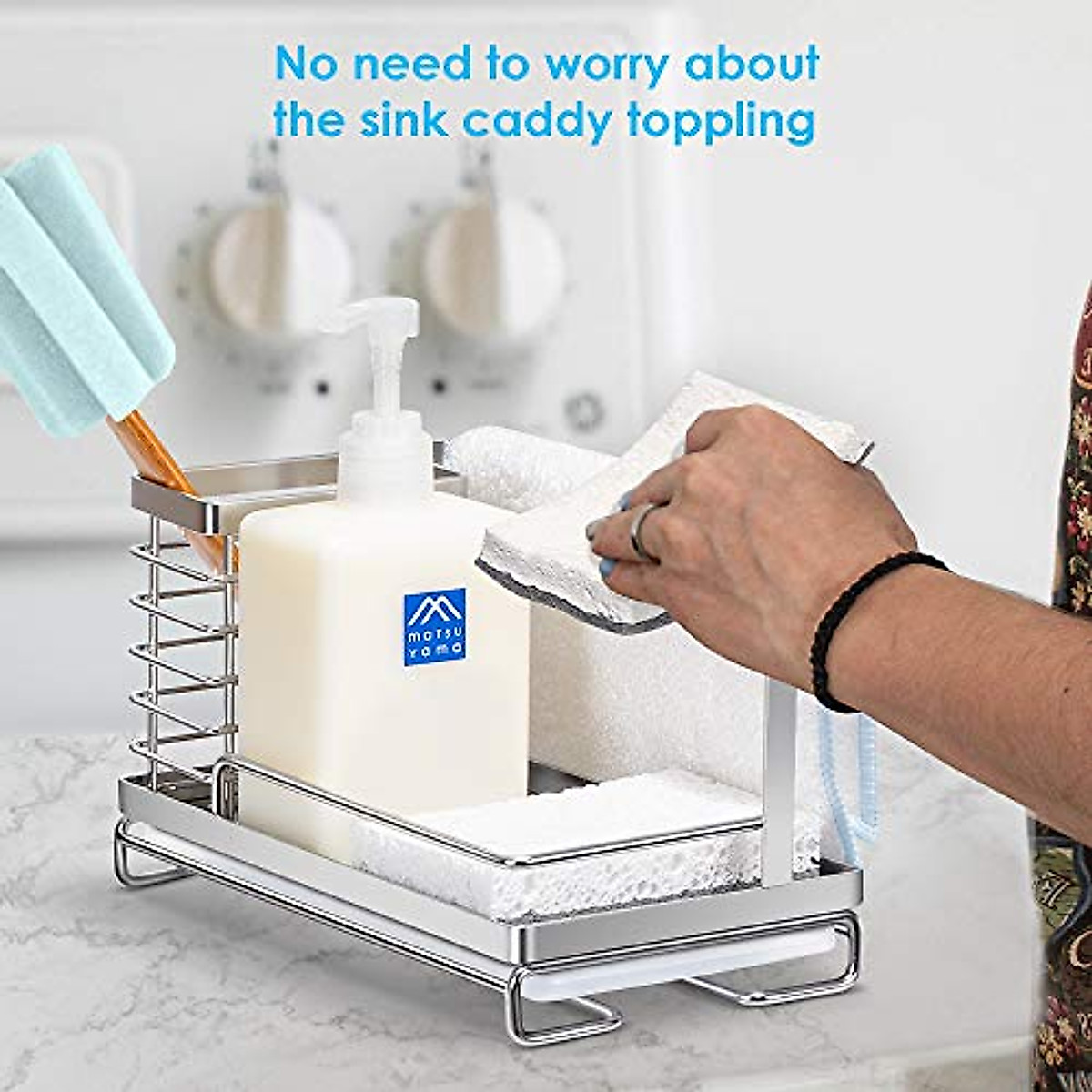 Nieifi Sink Caddy Organizer Countertop Sponge Brush Soap Holder with Drain Pan Stainless Steel for Kitchen