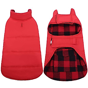 ASENKU Plaid Dog Winter Coat, Dog Fleece Jacket Plaid Reversible Dog Vest Waterproof Windproof Cold Weather Dog Clothes Pet Apparel for Small Medium Large Dogs Red M