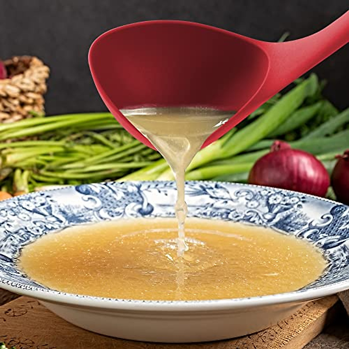 Zulay Soup Ladle Spoon with Comfortable Grip - Cooking and Serving Spoon for Soup, Chili, Gravy, Salad Dressing and Pancake Batter - Large Nylon Scoop & Soup Ladle Great for Canning and Pouring - Red
