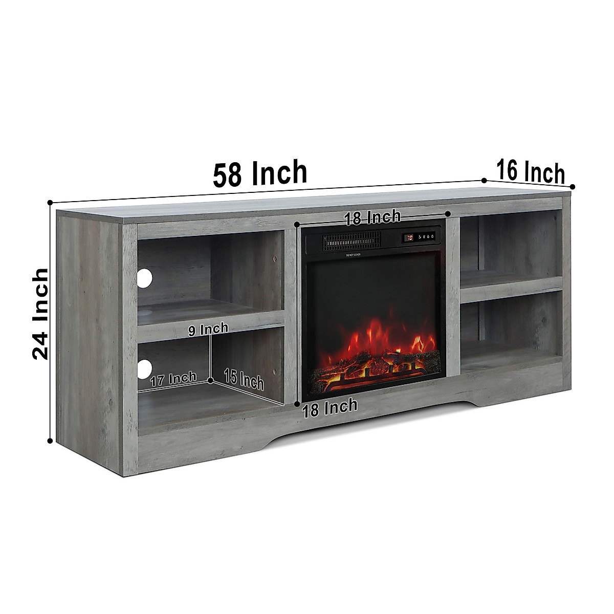 ENSTVER 58" TV Stand with Electric Fireplace,Fireplace Console,Storage Shelves Entertainment Center for Living Room,Gray