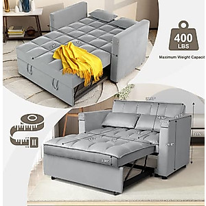 Convertible Sofa Bed, 3-in-1 Multi-Functional Velvet Sleeper Couch Pull-Out Bed, 48'' Loveseat Bed Chaise Lounge with Adjustable Backrest and Pillows, Hidden Side Table for Living Room, Small Space