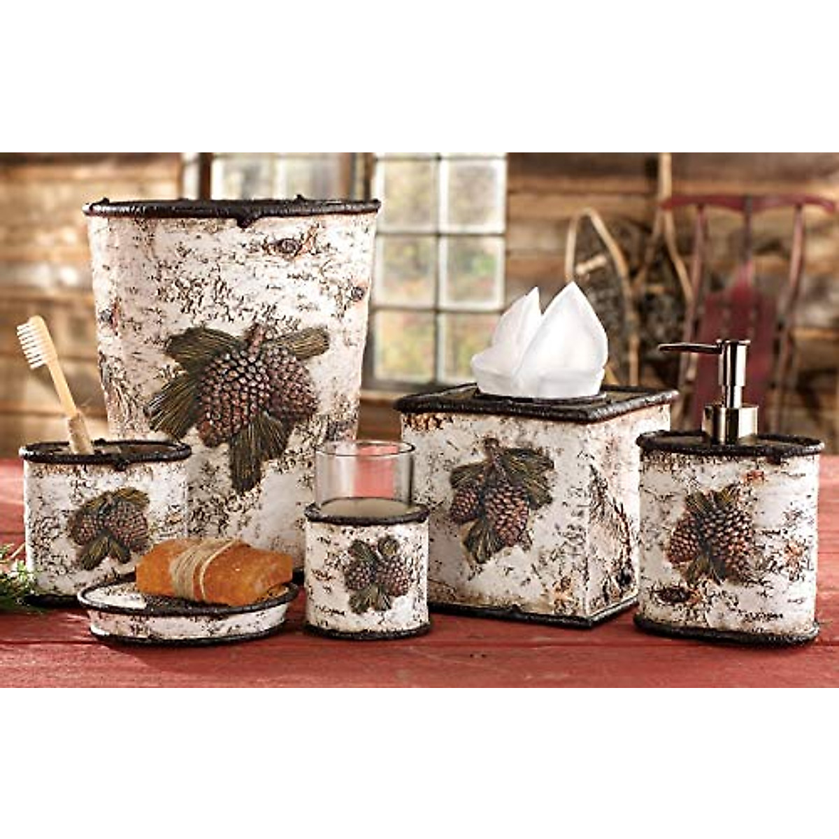 HiEnd Accents Birch Pinecone Rustic Lodge Bathroom Wastebasket