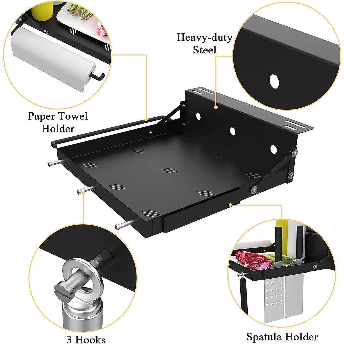 New Upgraded Griddle Caddy Shelf for Blackstone 17"/ 22"/ 28" Griddle, Addition Side Rack Storage Tray with Paper Towel Holder, Spatula Holder and 3 Hooks Organizer for Blackstone Grill Accessories