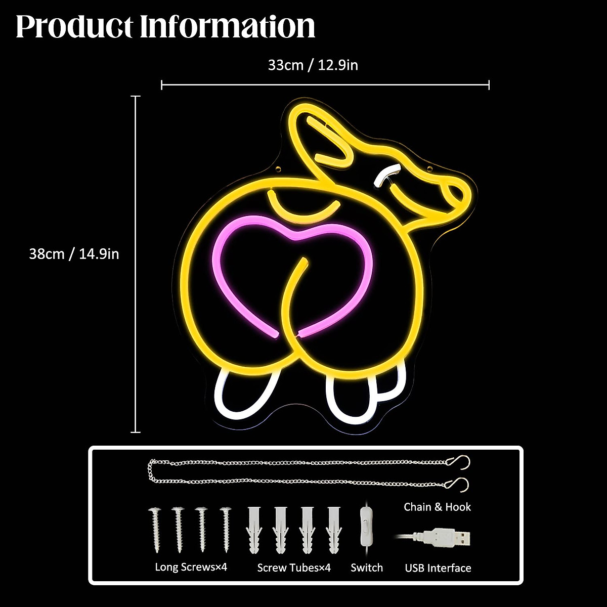 CKTBLEY Corgi Neon Sign, Acrylic, 14.9 x 12.9 inches, USB Powered, Modern Decorative Signage with Pink Heart for Home, Office Wall Decor, Pet Shop, Birthday Gifts