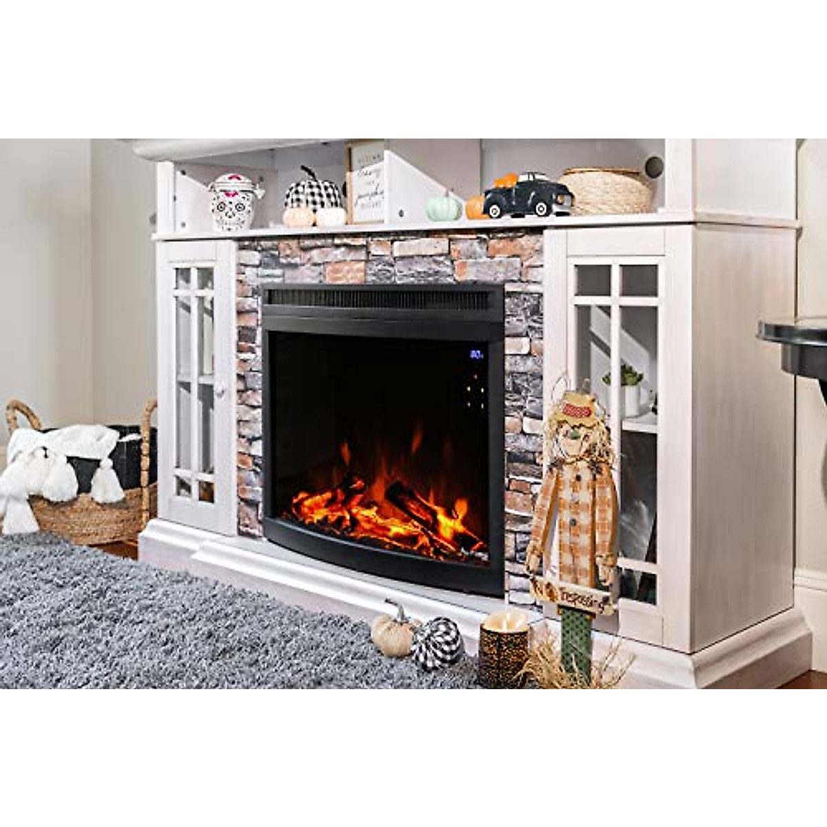 e-Flame USA Edmonton 28-inch Curved LED Electric Fireplace Stove Insert with Remote - 3-D Log and Fire Effect