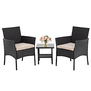 Ruesleag Patio Furniture 3 Pieces Outdoor Wicker Patio Furniture Conversation Set Patio Set Bistro Table Set for Backyard Porch Poolside Garden Balcony Lawn,Glass Coffee Table &RattanChairs Set,Black