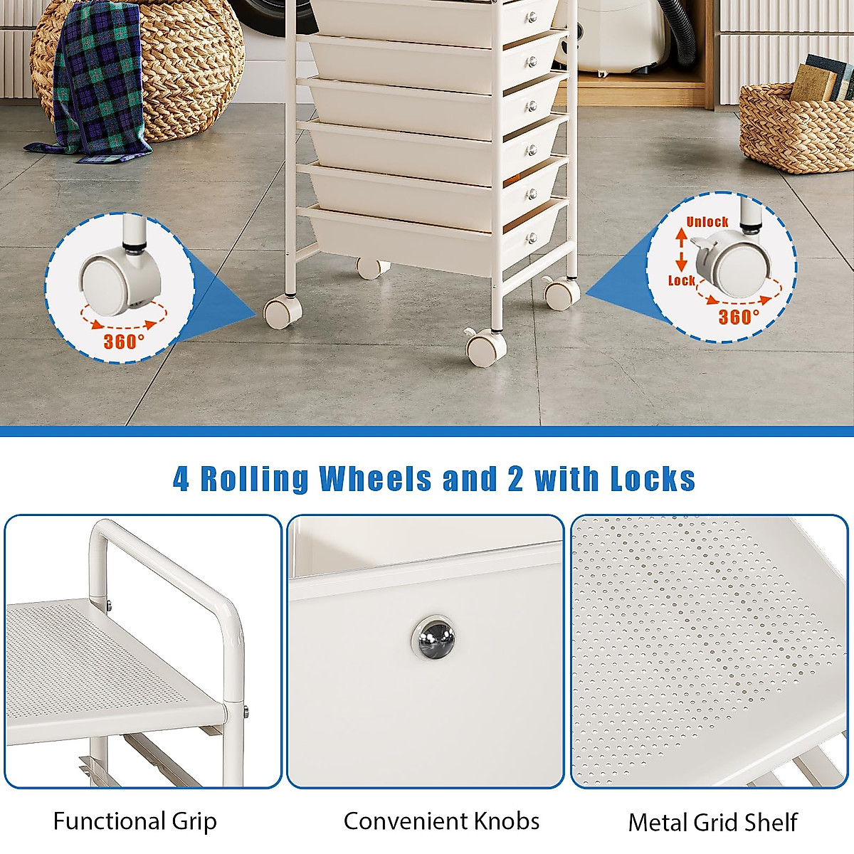 4-Tier Utility Cart with 4 Drawers, Rolling Utility Cart with 2 Lockable Wheels, Multipurpose Mobile Rolling Drawer Cart, Easy Assembly Office Bathroom Kitchen (4 Layers New)