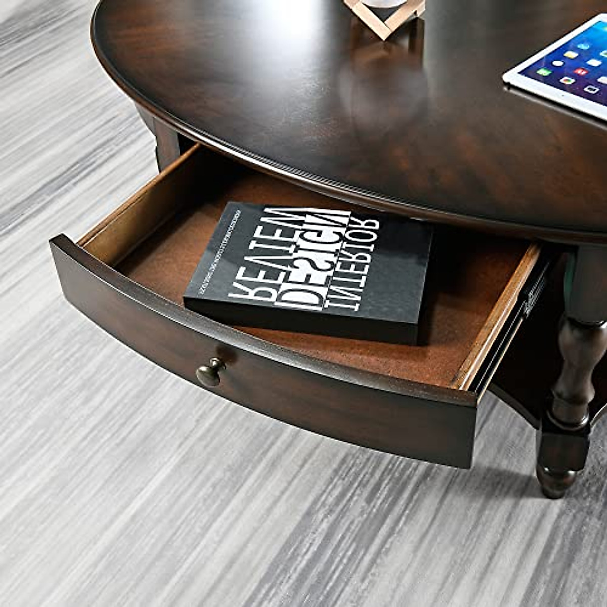 MODERION Coffee Table with Drawer, Solid Wood Oval Center Table with Storage Shelf, Traditional Living Room Table with Elegant Vintage Style, Easy Assembly, 45” x 27.6” x 18.2” Retro Walnut KFZ2233DC