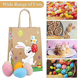 Aodaer 16 Pieces DIY Easter Kraft Paper Gift Bags with Handles Kraft Paper Treat Bags and 16 Sheets Cute DIY Stickers Bunny Chicks Easter Egg for Easter Decoration Party Favor Egg Hunt