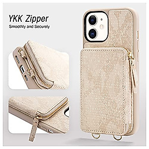 ZVEdeng Wallet Case for iPhone 12, iPhone 12 Pro Zipper Wallet Card Holder Case Crossbody Chain Strap Leather Handbag for Women Shockproof Case for iPhone 12/12 Pro 6.1'' Lizard Skin Apricot