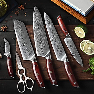 YARENH 8-Piece Kitchen Knife Set with Block,Damascus Chef Knife, 67-Layer High Carbon Stainless Steel,Sharp Rust-Resistant Blades,Sandalwood Handle