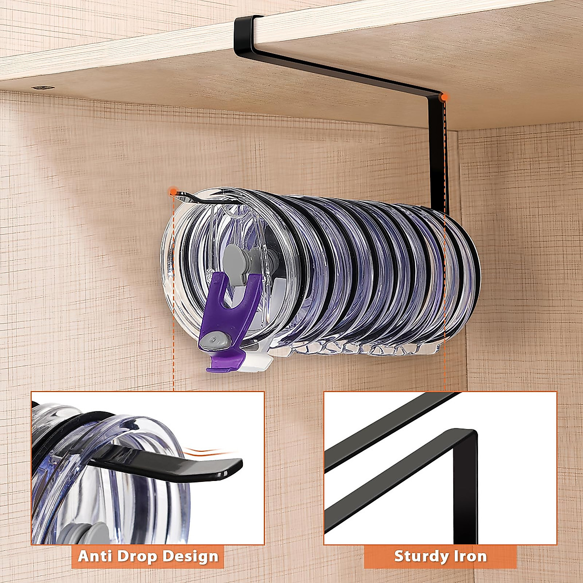 Tumbler Lid Organizer, Horizontal Tumbler Lid Storage Hook Up to 10 Lids, Space Saving Cup Lid Holders Under Cabinet Tumbler Lid Hook for Kitchen Organizer and Storage,Hanging Paper Towel Rack Hanger