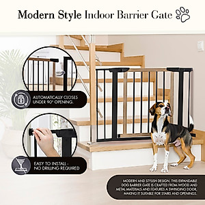 NMN Designs Logan Dog Gate - Indoor Pet Barrier and Wooden Dog Gate with Walk Through Swinging Door - Pressure Mounted for Walls and Stairs - Puppy Gates for The House - Expandable 29.5" to 51.5"