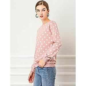 Allegra K Women's Winter Fall Casual Pullover Crewneck Long Sleeve Polka Dots Sweatshirt Sweater Small Pink