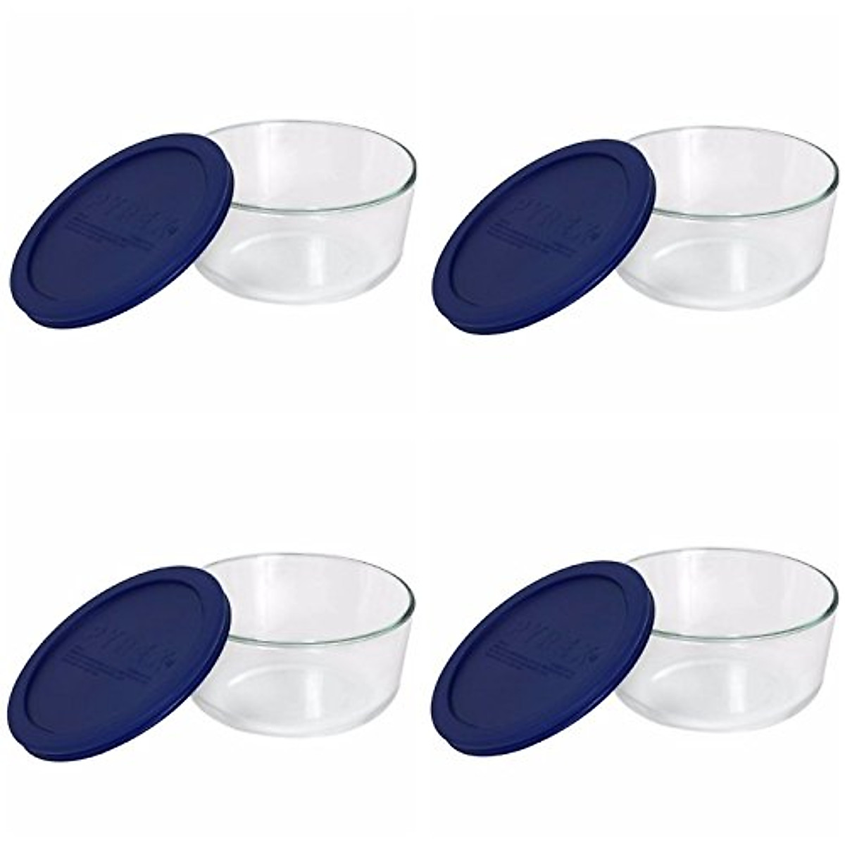 Pyrex Storage Plus 7-cup Round Glass Food Storage Dish Blue Plastic Covers (Pack of 4 Containers) Made in the USA