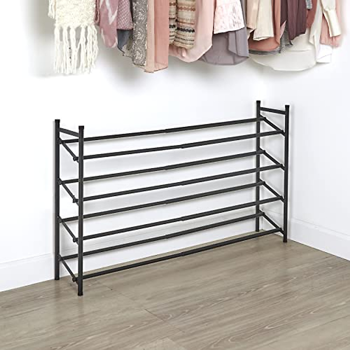 The Lakeside Collection Expandable 4-Tier Shoe Rack with Rubber Feet for Indoors - Black