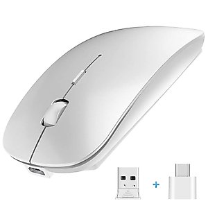Bluetooth Wireless Mouse, Dual Mode Slim Rechargeable Wireless Mouse Silent Cordless Mouse with Bluetooth 4.0 and 2.4G Wireless, Compatible with Laptop, PC, Windows Mac Android OS Tablet (Silver)