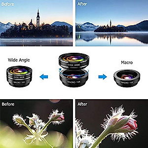 Phone Camera Lens Kit, 11 in 1 Cellphone Lens Kit for iPhone and Android, 0.63X Wide Angle+15X Macro+ 198°Fisheye+Telephoto+CPL/Flow/Radial/Star/Soft Filter+Kaleidoscope Lens