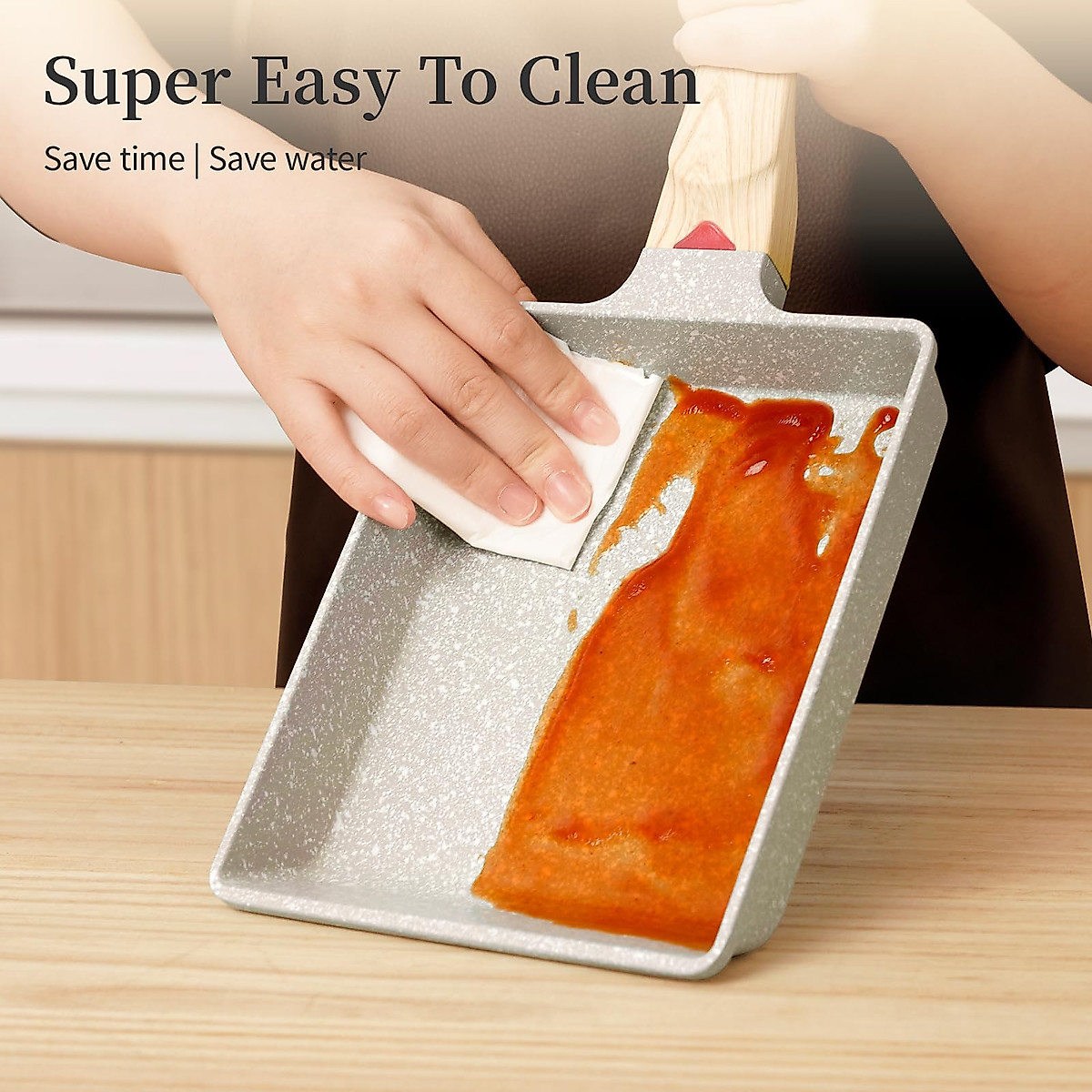 Innerwell Tamagoyaki Pan Japanese Omelette Pan - Nonstick Tamago Pan, Rectangle Egg Frying Pan, Omelet Pan with Spatula & Whisk, Wooden Handle, PFOS & PFOA Free, Oven & Dishwasher Safe