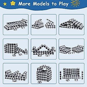Olasme 10 Pcs Black and White Kids Couch,Buffalo Check Toddler Couch Sofa,Foam Modular Kids Play Couch,Convertible Kids Floor Bed Sofa Couch for Playroom Bedroom
