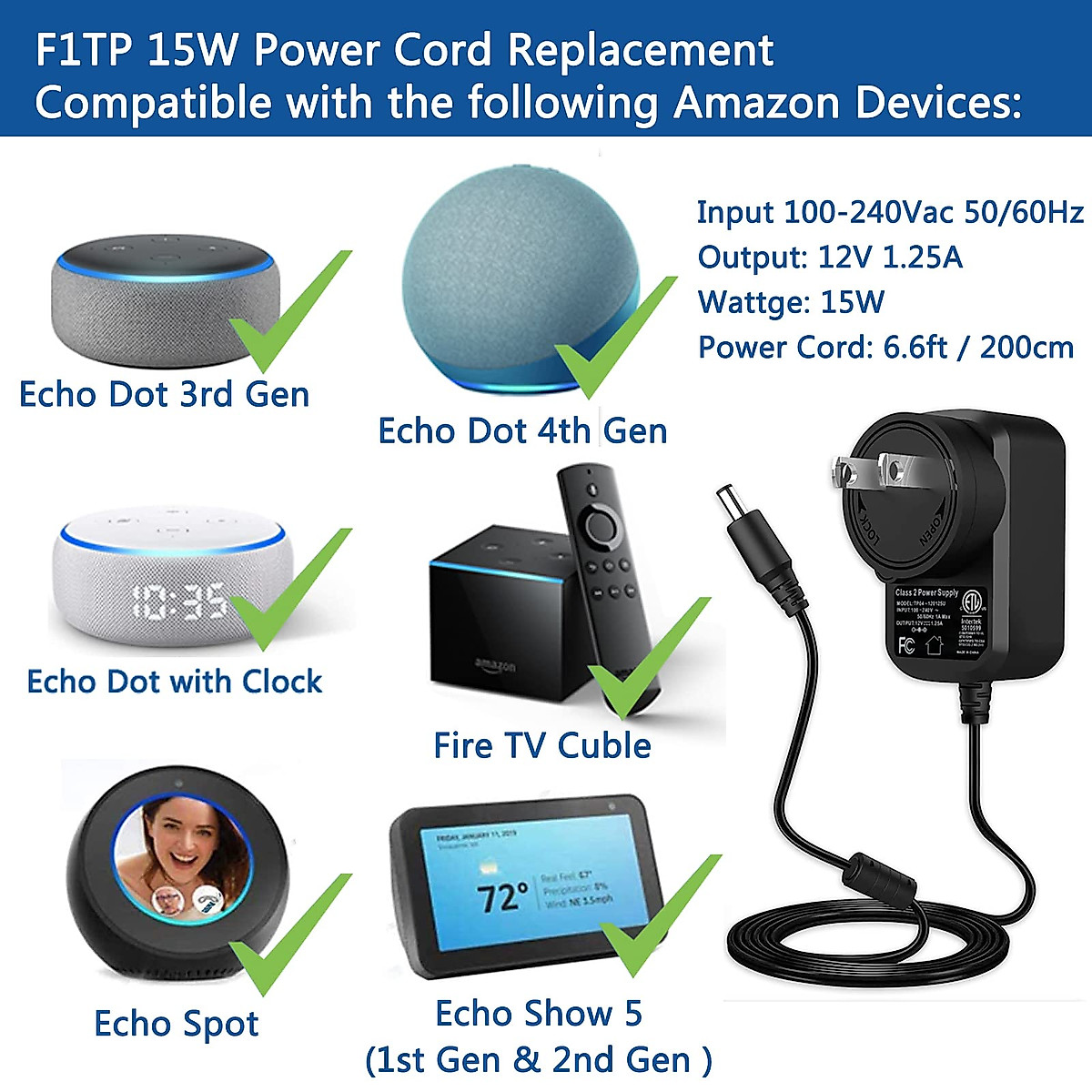 F1TP 15W Replacement Power Cord for Echo Dot 3rd Generation, Echo Dot 3rd 4th Gen with Clock, Echo Show 5, Echo Dot with Clock, Echo Spot, Echo TV Cube 6.6Ft Power Cord
