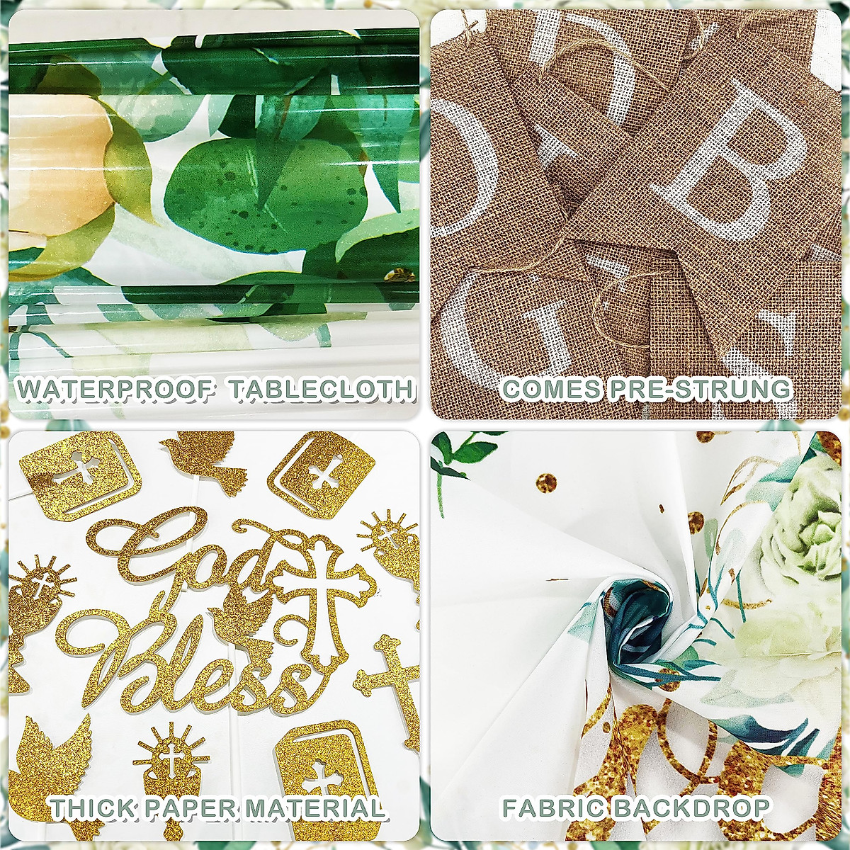 Baptism Party Decorations Mi Bautizo Party Supplies First Communion Decor Boys Girls Baby Shower Christening Decorations God Bless Backdrop Tablecloth Banner Balloons Garland (Baptism-01)