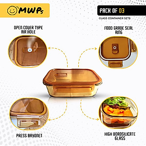 Glass Meal Prep Containers - 1, 2 & 3 Compartment (3 Pack, 36 oz), Reusable Glass Food Storage Containers with Lids, Bento Box Glass for Meal Prep