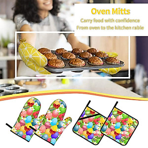 Oven Mitts and Pot Holders Sets of 4, Easter Eggs Tulip Flower Oven Mitts for Kitchen,Cooking,Baking