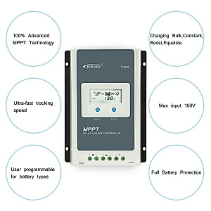 EPEVER 40A MPPT Solar Charge Controller 12V 24V Auto, 40 amp Negative Grounded Solar Charge Controller MPPT Max Input 100V, 520W/1040W for Lead-Acid, Lithium Batteries and Load Timer Setting