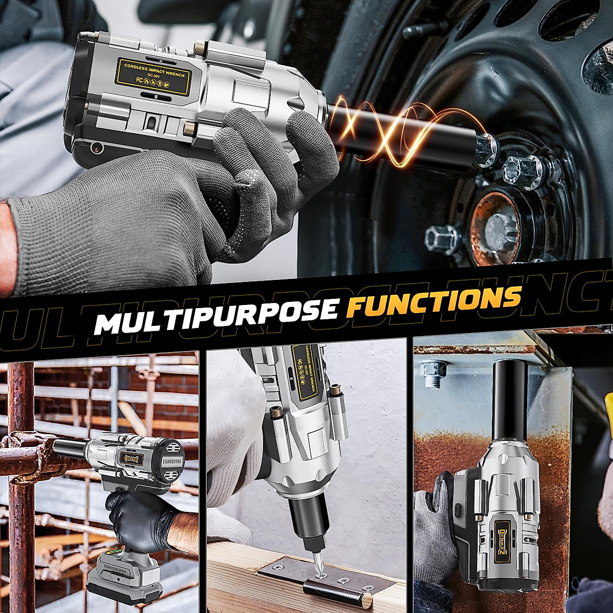 Cordless Impact Wrench 1/2 inch for DeWalt 20v Battery, Impact Wrench 900Ft-lbs(1200N.m) High Torque Brushless Electric Impact Gun, Power Impact Driver with 4-Mode Speed, LED Work Light(no battery)