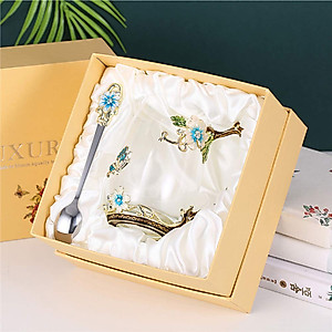 Tea Cup Glass Coffee Mugs(12 oz), Handmade Enamel Cups with Spoon Set, Mother's Day Gifts for Mom/Grandma, Birthday Wedding Anniversary Christmas Gifts for Women. (Light Blue,Tall)