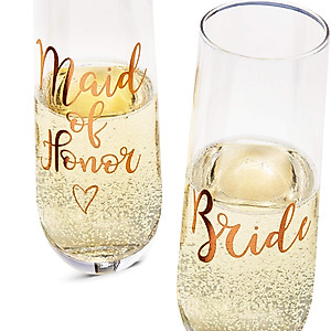 Juvale Rose Gold Stemless Champagne Glasses for Bride and Maid of Honor, 9.8 oz Wedding Flutes Gift Set (2 Pieces)