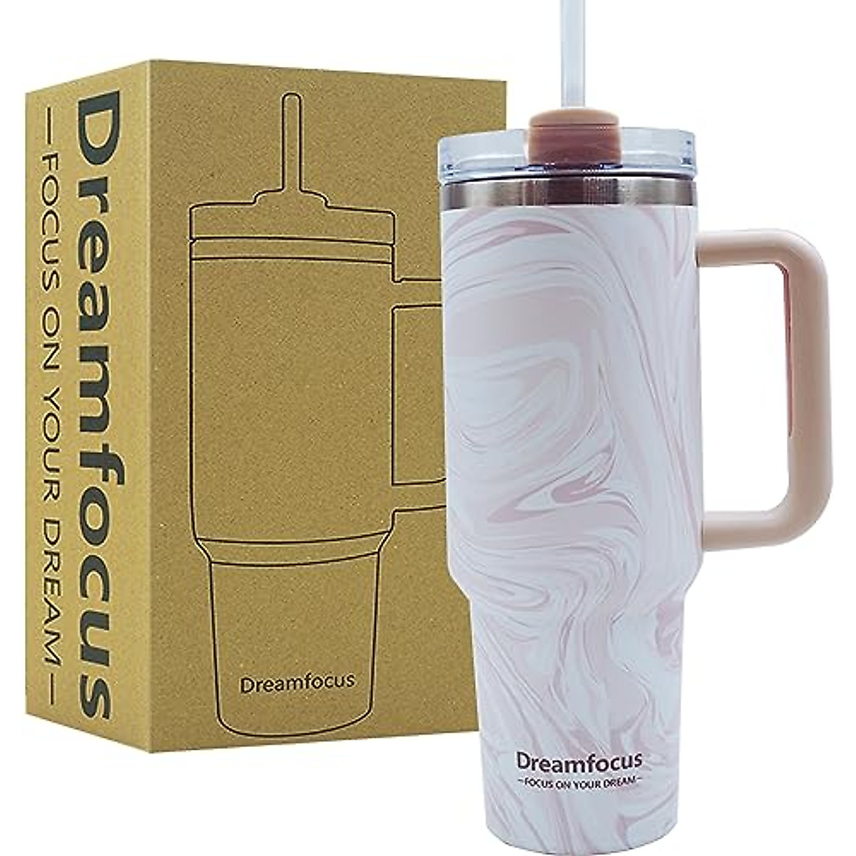 Dreamfocus 40 oz Swirl Rose Quartz Tumbler with Handle Straw and Lid Insulated Stainless Steel Water Bottle Cup Travel Coffee Mug