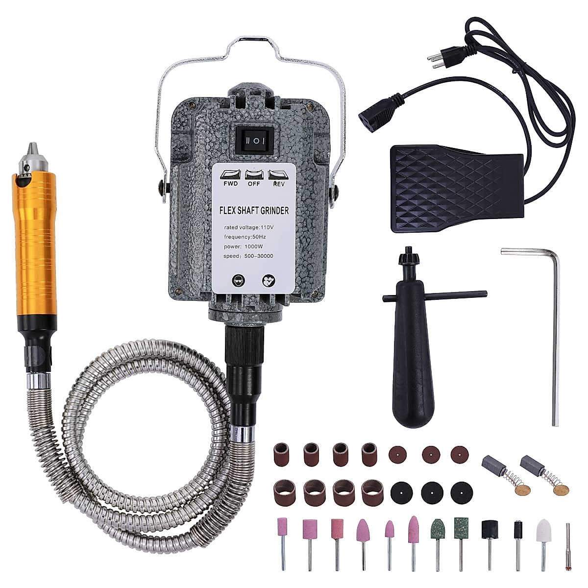 1000W 30000RPM Electric Flex Shaft Rotary Tool Foot Pedal Control Flex Shaft Hanging Grinder Carver Can Forward-Reverse Rotation, Multi-function Kit with Accessories for Carve-Buffing Diy Craft work