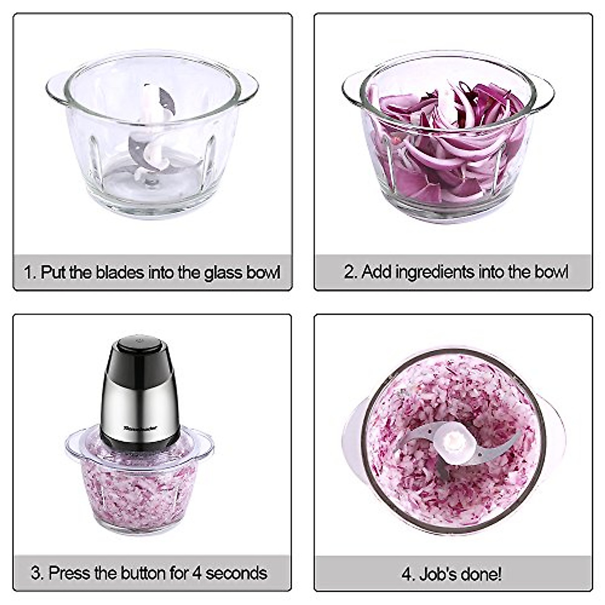 Electric Food Chopper, 5-Cup Food Processor by Homeleader, 1.2L Glass Bowl Grinder for Meat, Vegetables, Fruits and Nuts, Stainless Steel Motor Unit and 4 Sharp Blades, 300W