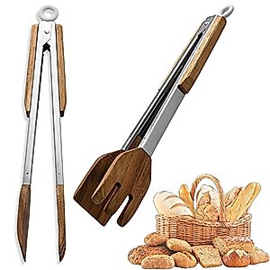 COMUSTER Acacia wood food clip is special for steak&BBQ, with hanging hole design, wooden heat insulation handle, stainless steel clip, easy to grasp, and can handle all kinds of food
