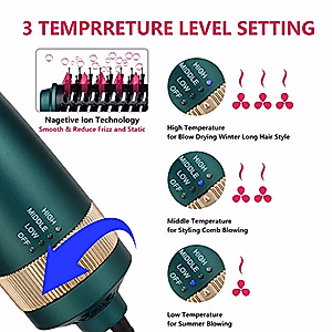 Hot Air Brush, Hair Dryer Brush, 3 in 1 Interchangerable Hair Dryer & Volumizer, Ceramic Negative Ion Curling Dryer Styler Brush with 3 Brush Heads (Green)