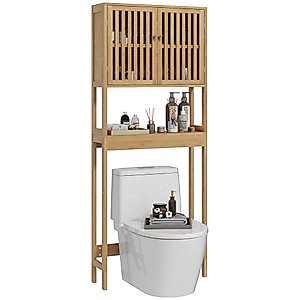 HOMCOM Bamboo Over The Toilet Storage Cabinet, Over Toilet Bathroom Organizer with Slatted Doors, Adjustable Shelf and Open Shelf, Natural