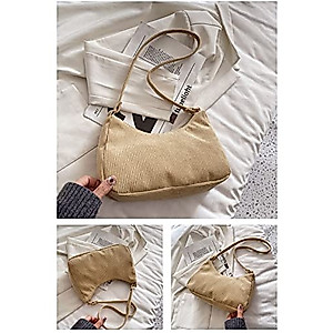 Women Corduroy Shoulder Bag Small Handbag Purse Casual Ladies Satchel Fashion Daily Tote Bag (Khaki)