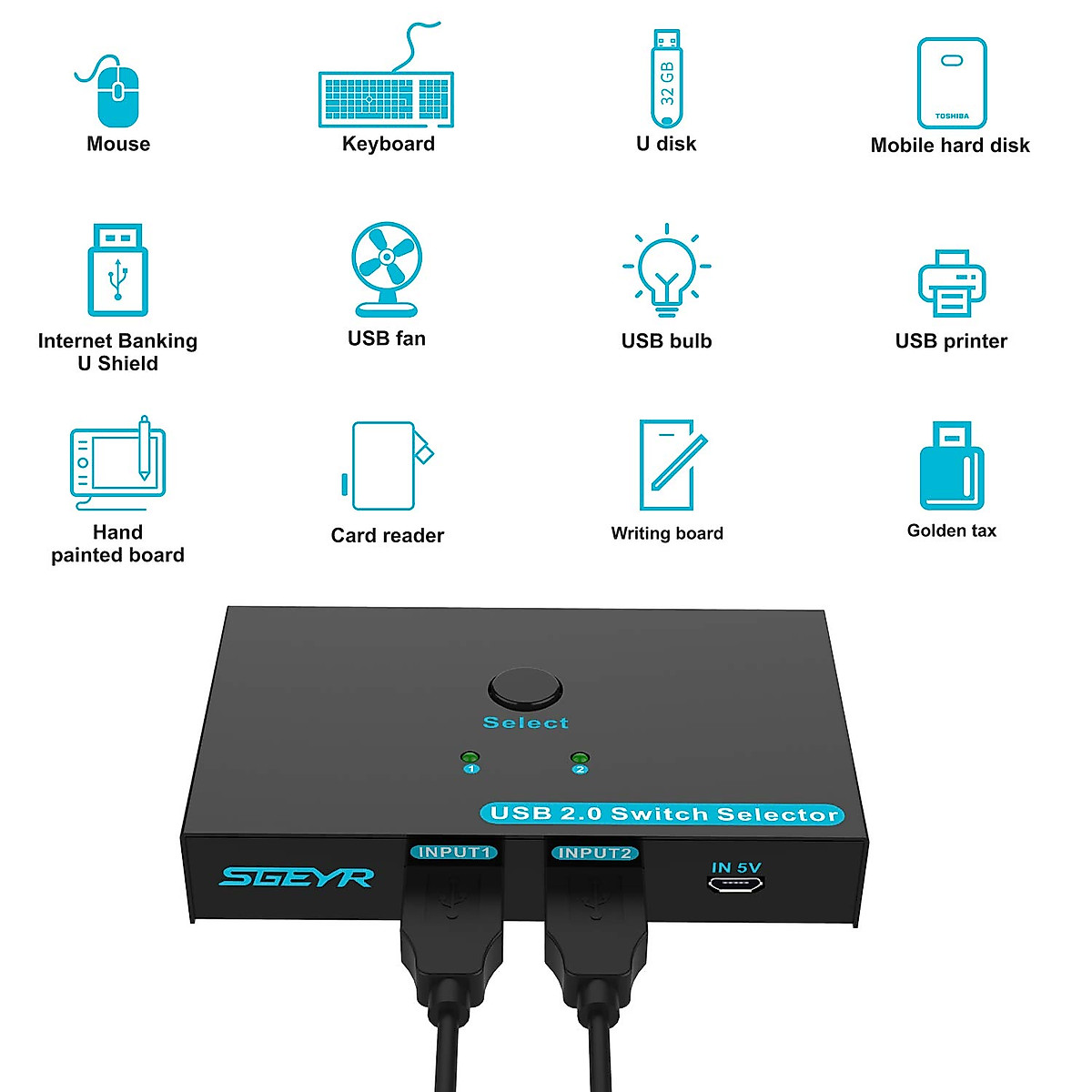 SGEYR Metal USB Switch 2 Computers Sharing 4 USB Devices USB 2.0 Switcher Box, USB Peripheral Switch Adapter, for Printer, Mouse, Scanner, PCs with One-Button Swapping and 2 Pack USB A to A Cable